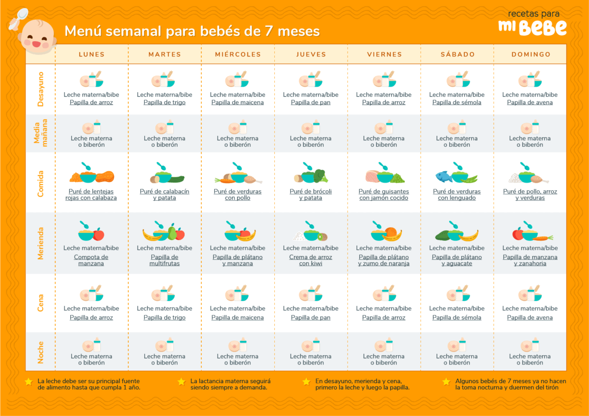 Menú semanal para bebés de 7 meses, con recetas y cantidades